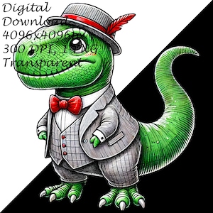 Dapper Dinosaur PNG, Fancy T-rex in Suit With Bow Tie and Hat, Cute ...