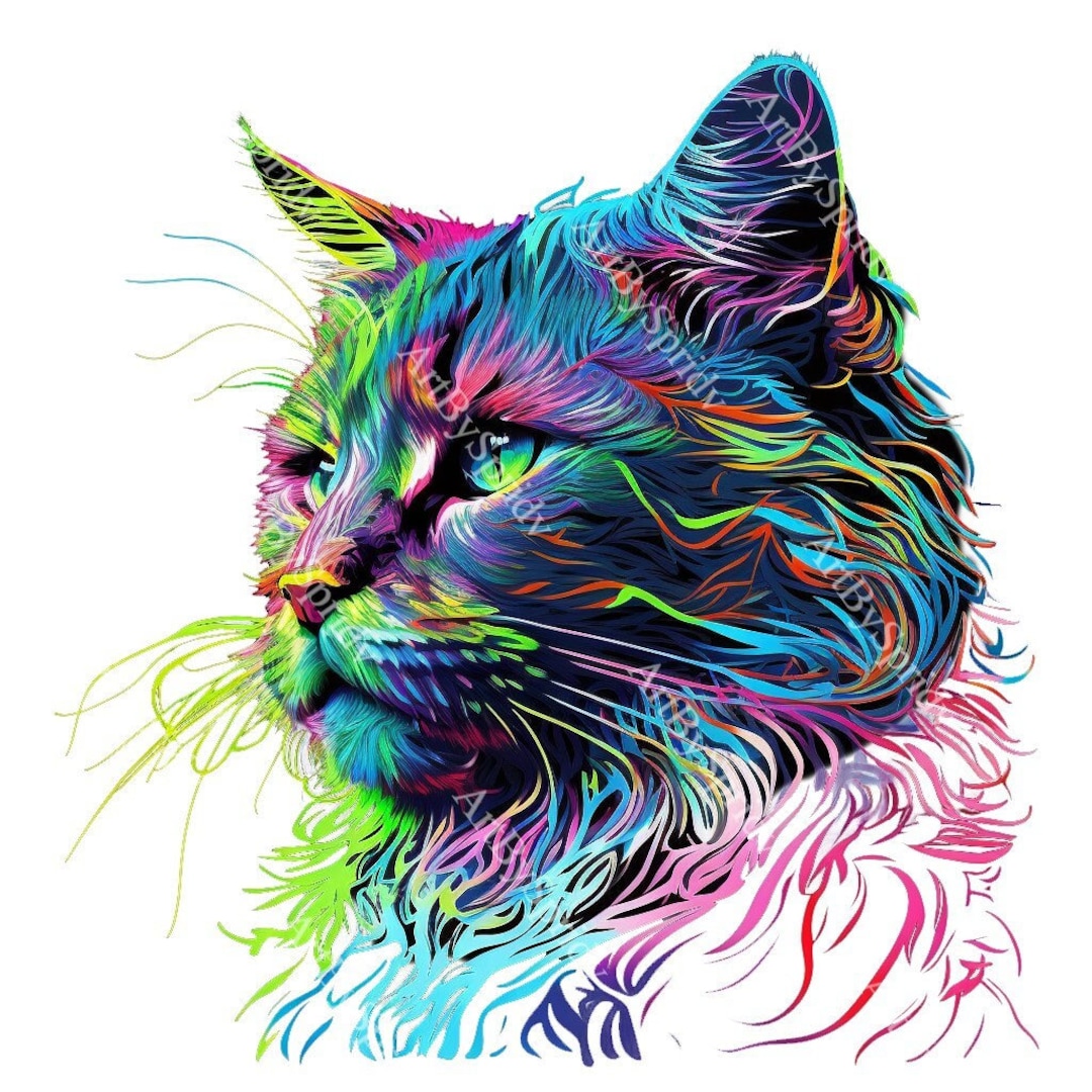 Day-glo Neon Cat Clipart, Vibrant Psychedelic Cat PNG Illustration for ...