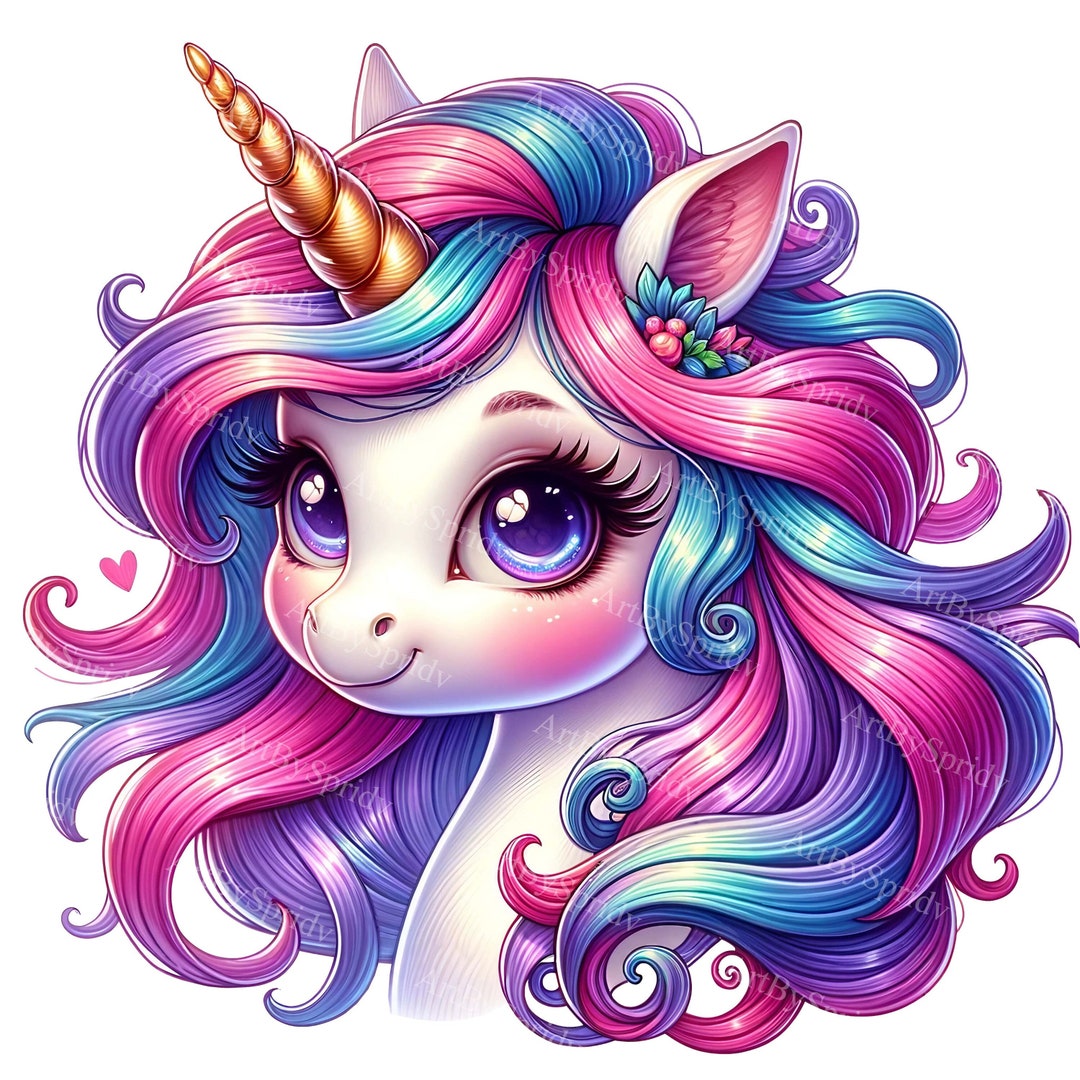Colorful Unicorn Clipart - Large Blue Eyes, Sweet Smile - Digital PNG ...