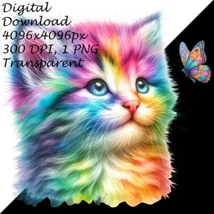 Watercolor Rainbow Kitten Clipart - Colorful Butterfly Cat PNG for T ...