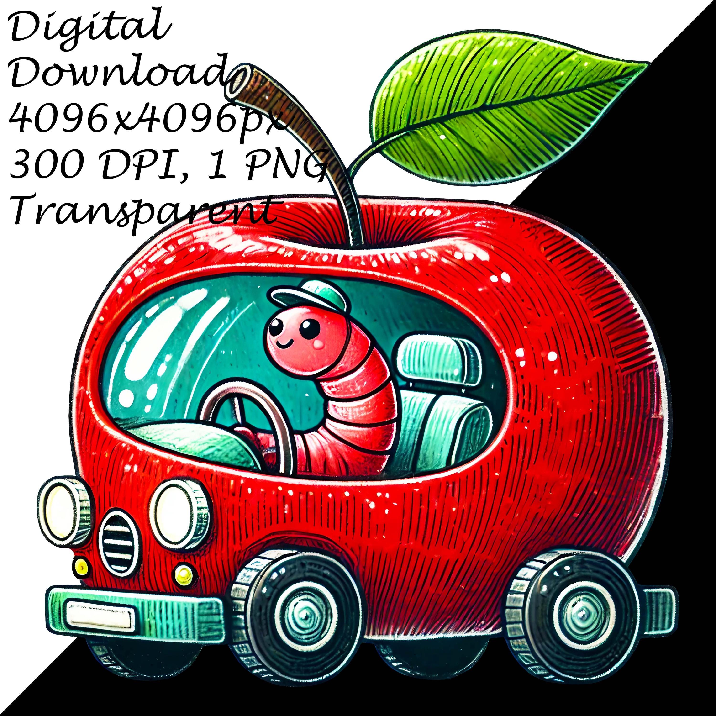 Adorable Worm Driving Apple Car PNG Clipart, Cute Digital Illustration ...