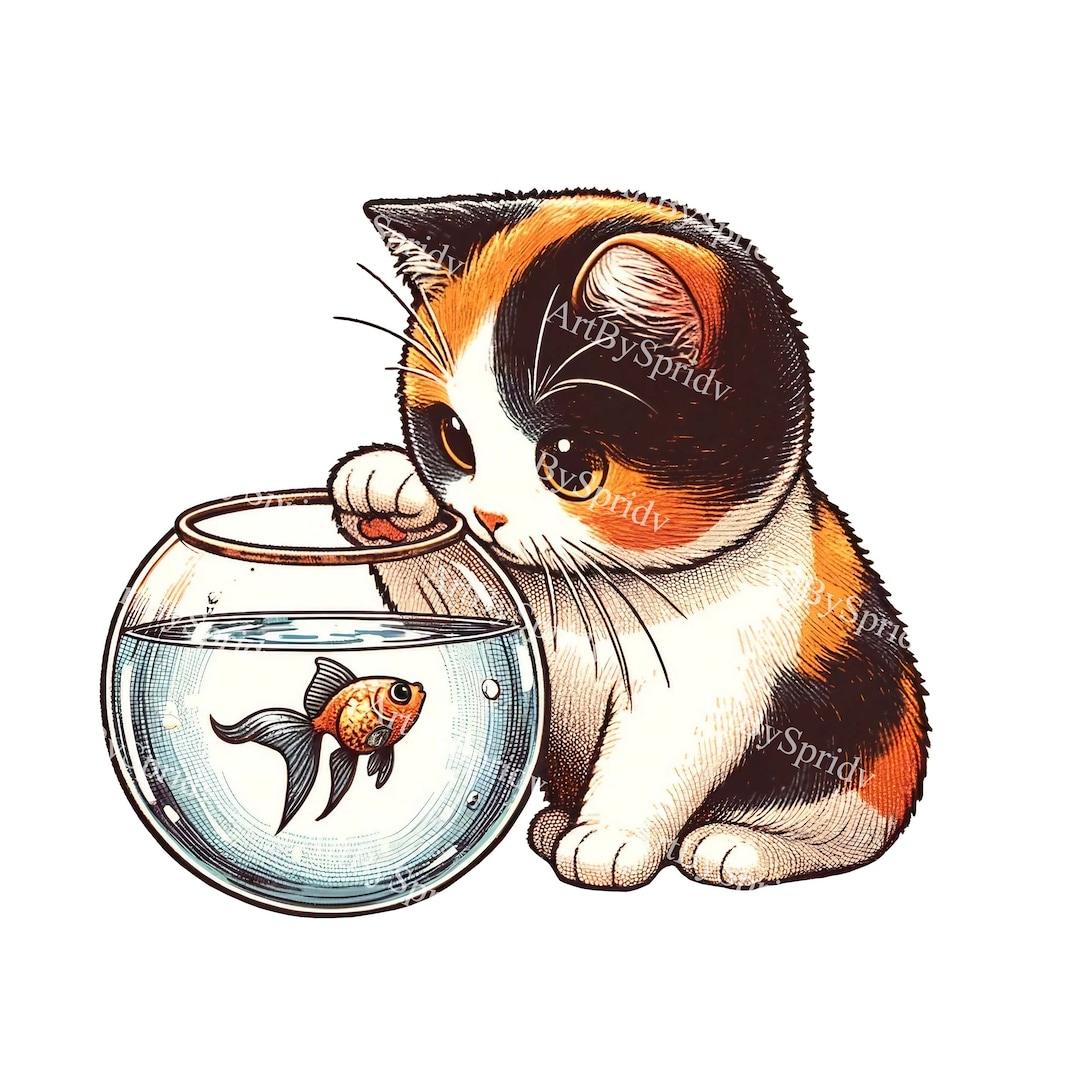 Adorable Calico Cat With Fishbowl PNG Clipart, Cute Digital Download ...