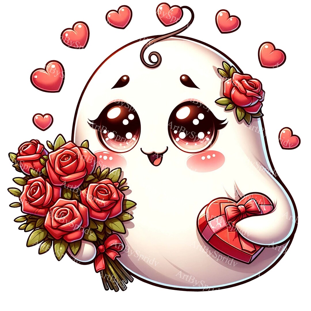 Adorable Ghost Clipart With Hearts, Red Rose Bouquet & Love Gift Box ...