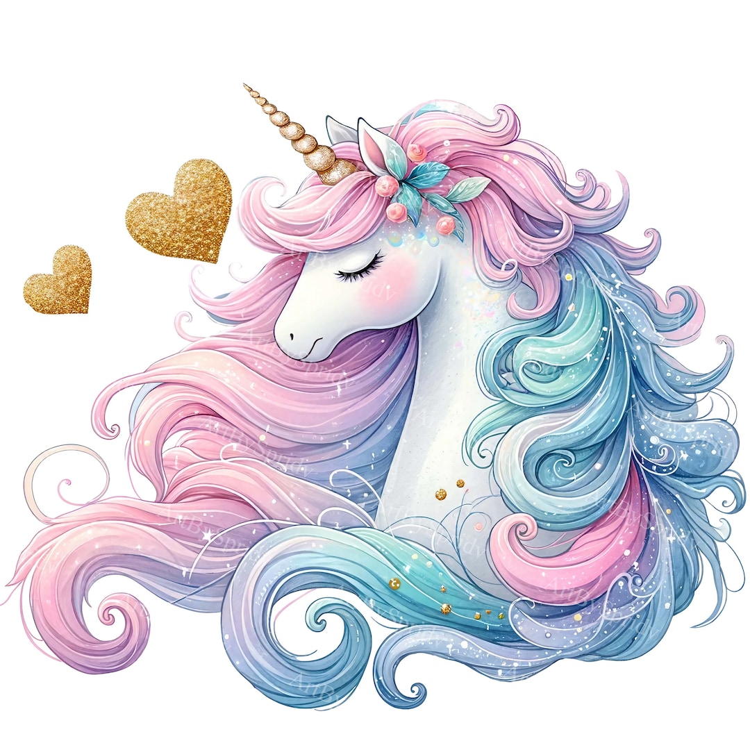 Pastel Rainbow Unicorn Clipart - Wavy Mane Cartoon PNG for DTG T-shirts ...