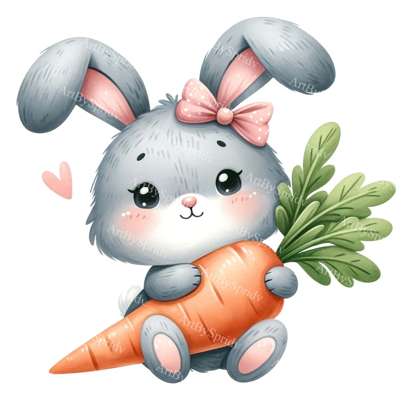 Watercolor Bunny Clipart With Bow & Carrot - Cute Rabbit Digital PNG ...