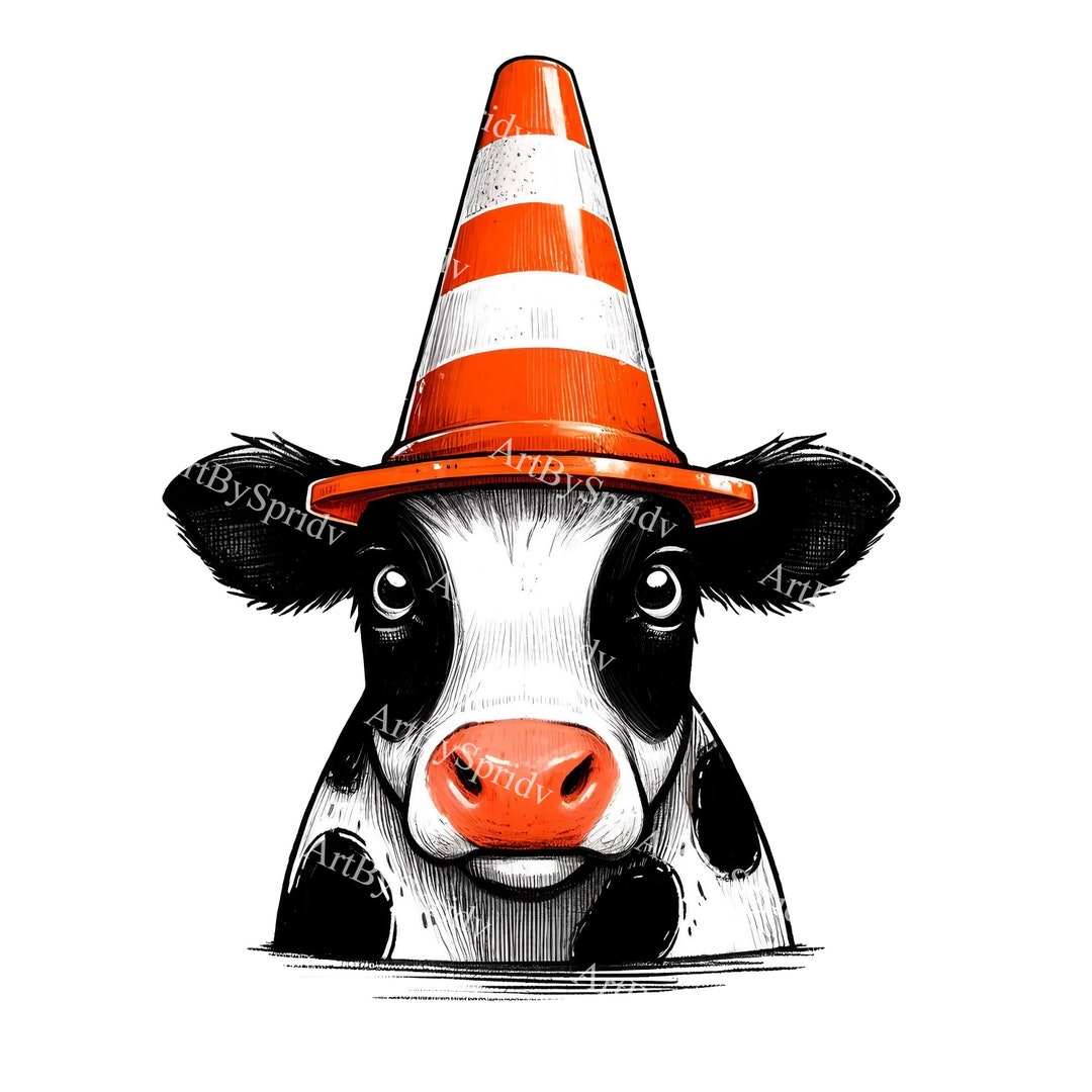 Funny Cow Clipart With Traffic Cone Hat, Quirky Farm Animal PNG ...