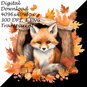 Autumn Fox Clipart - Cute Watercolor Fox Nestled in Fall Leaves ...