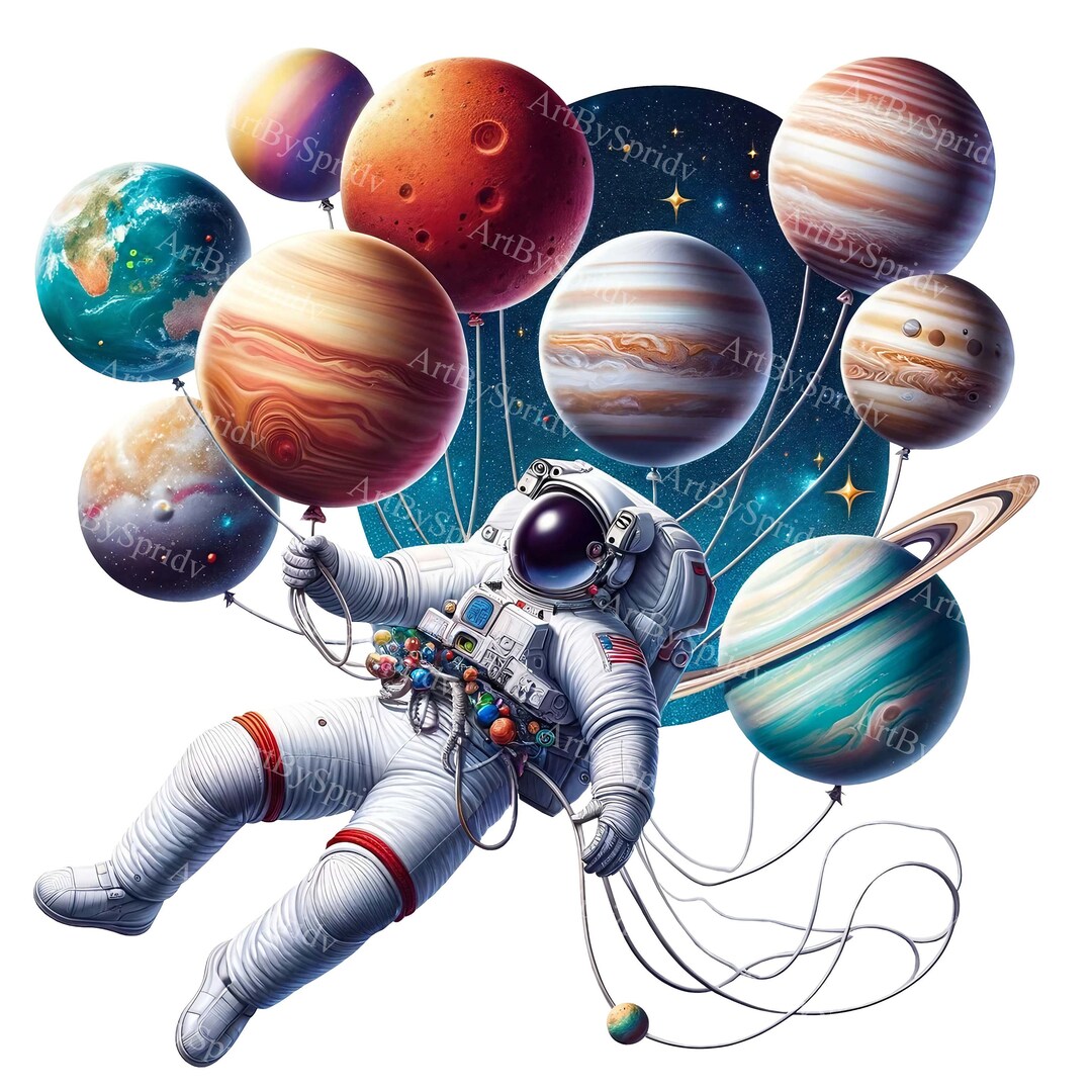 Astronaut & Planets Balloons Clipart - Space Theme Digital PNG for T ...