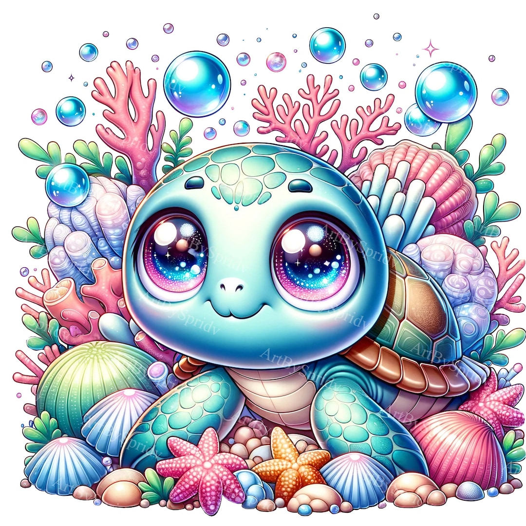 Underwater Turtle Clipart Sparkling Eyes Coral & Shells - Etsy