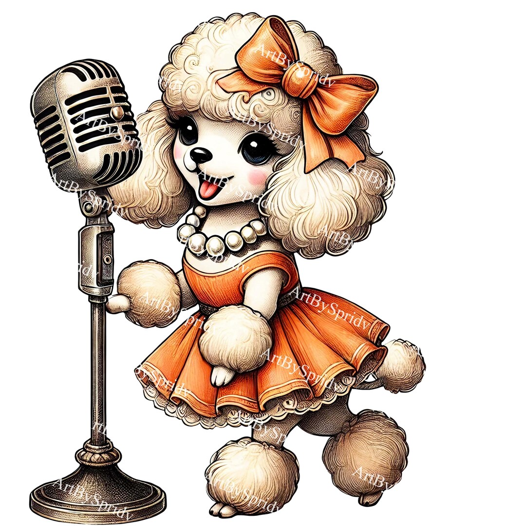 Retro Singing Poodle Clipart – Elegant Vintage Microphone Dog Clip Art ...