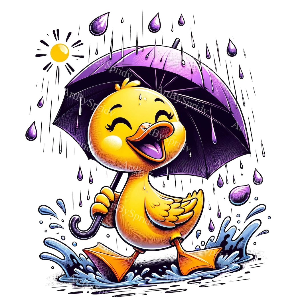 Cheerful Duck With Umbrella Raindrops PNG Clipart - Vibrant Printable ...
