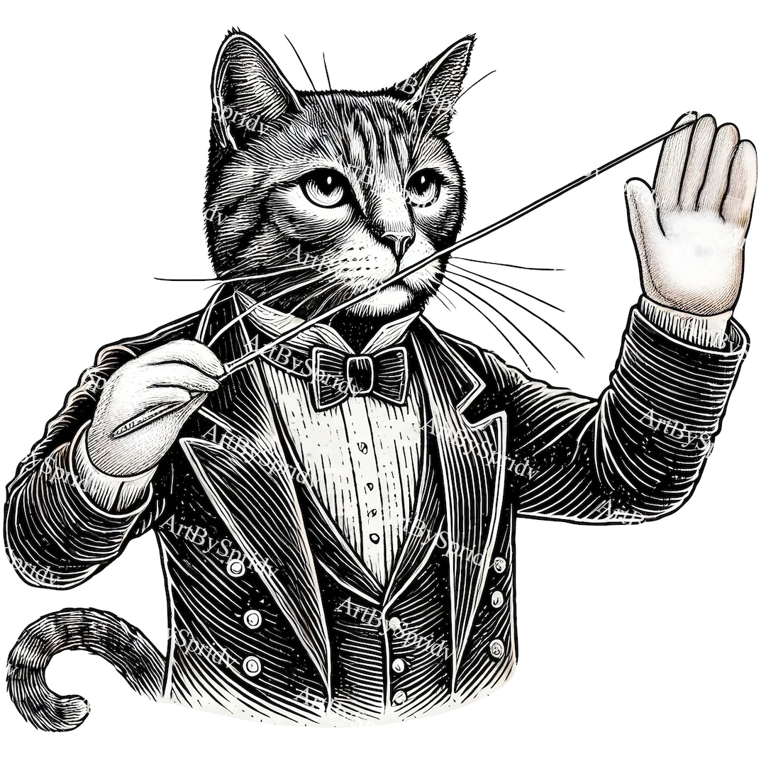 Vintage Cat Conductor Illustration PNG | Elegant Orchestra Maestro Cat ...
