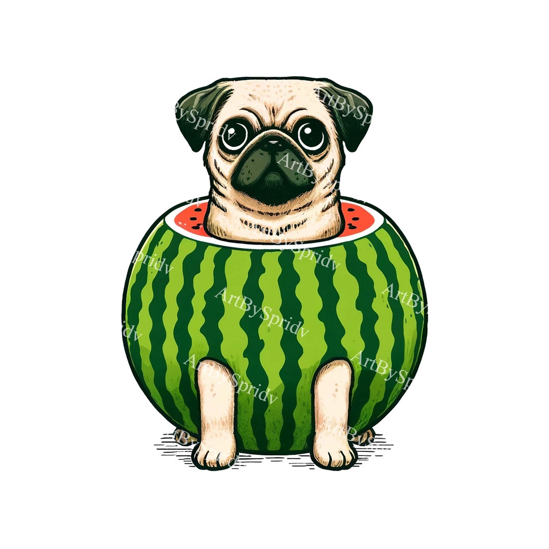 Adorable Pug in Watermelon Suit Transparent PNG Clipart - Cute Summer ...