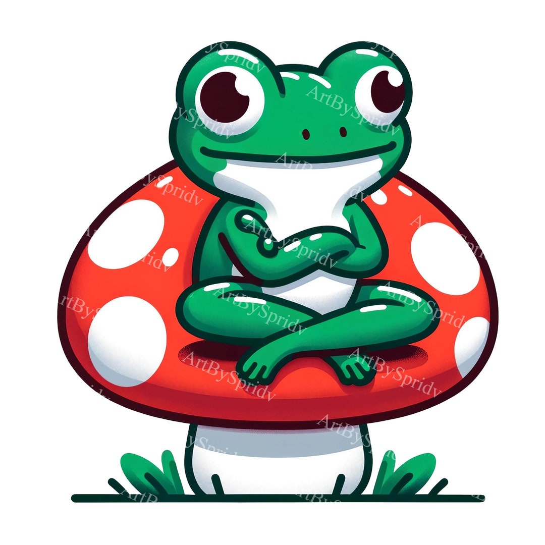 Adorable Green Frog Clipart on Red Polka Dot Mushroom - Digital PNG for ...