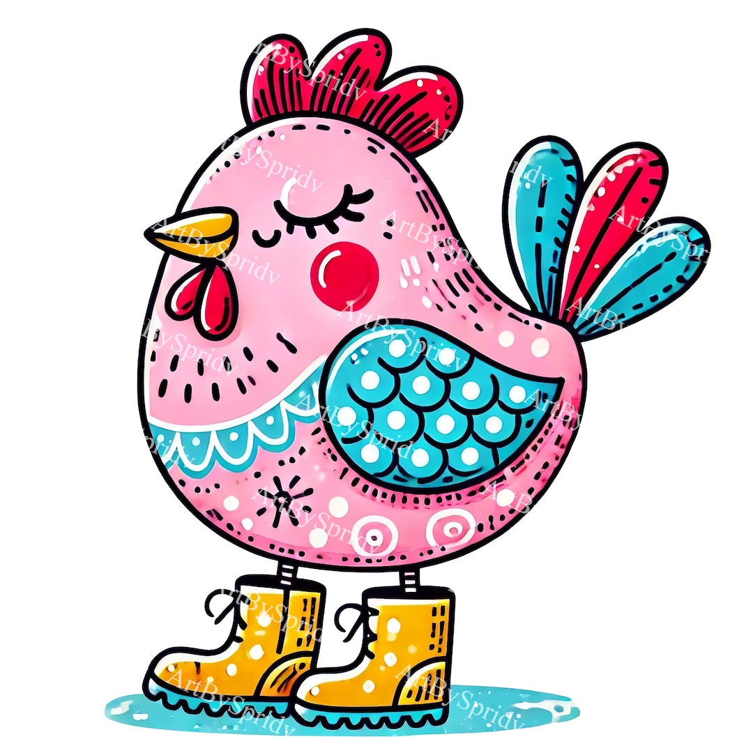 Pink Chicken PNG Clipart With Blue Spots & Yellow Boots - Cute Farm ...