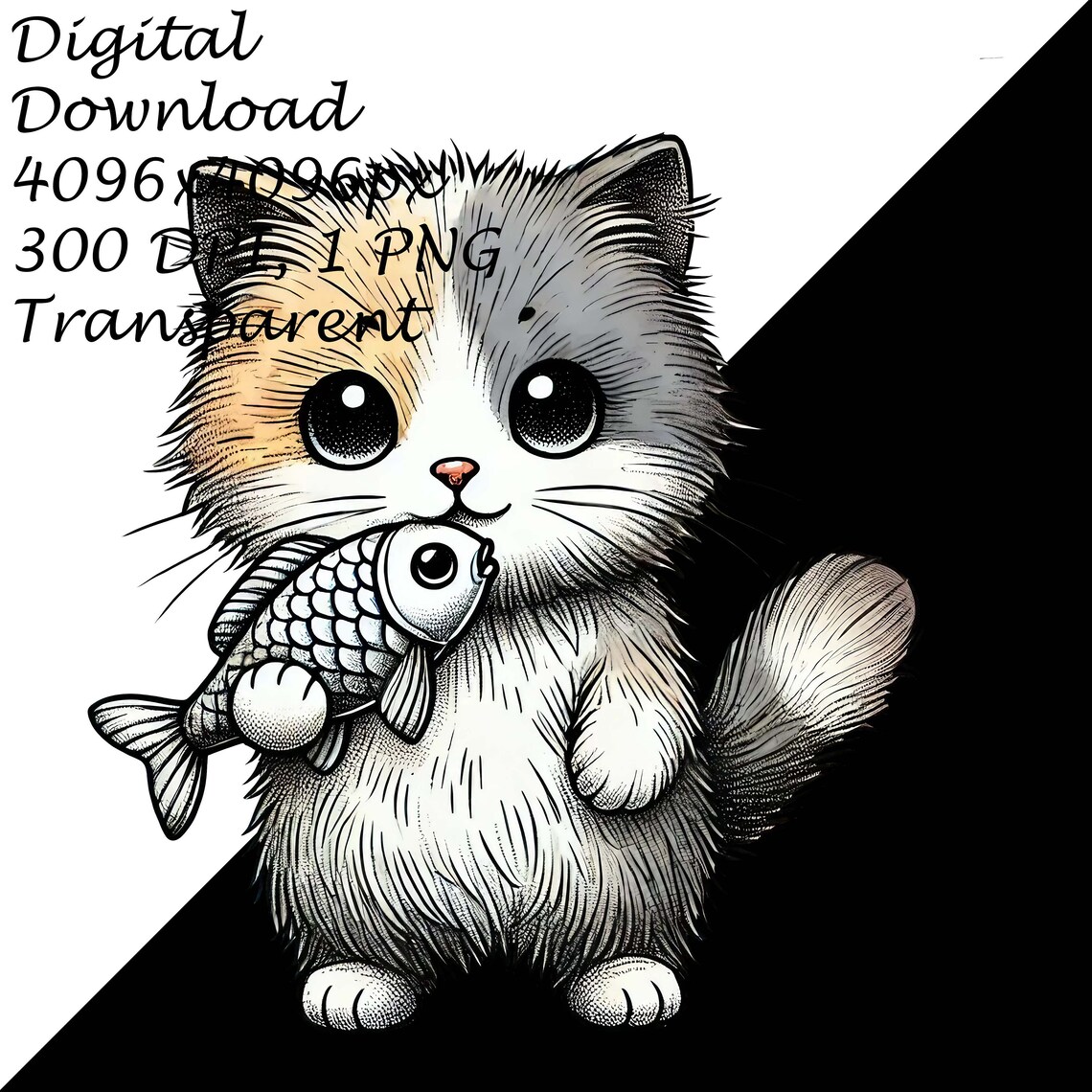 Calico Kitten With Fish Transparent PNG Clipart, Cute Cat Digital ...