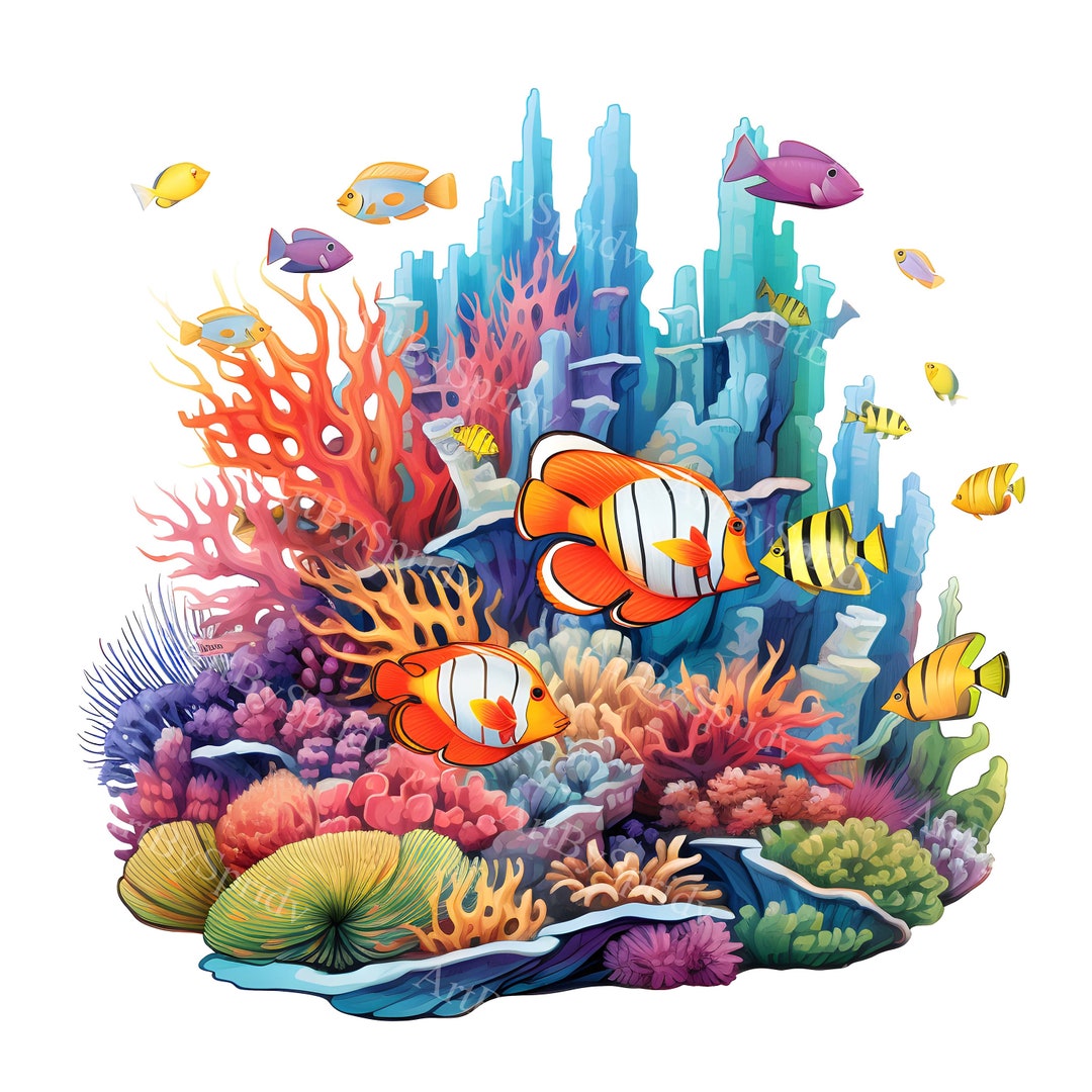 Vibrant Ocean Coral Reef & Cheerful Fish Clip Art - Printable T Shirt ...