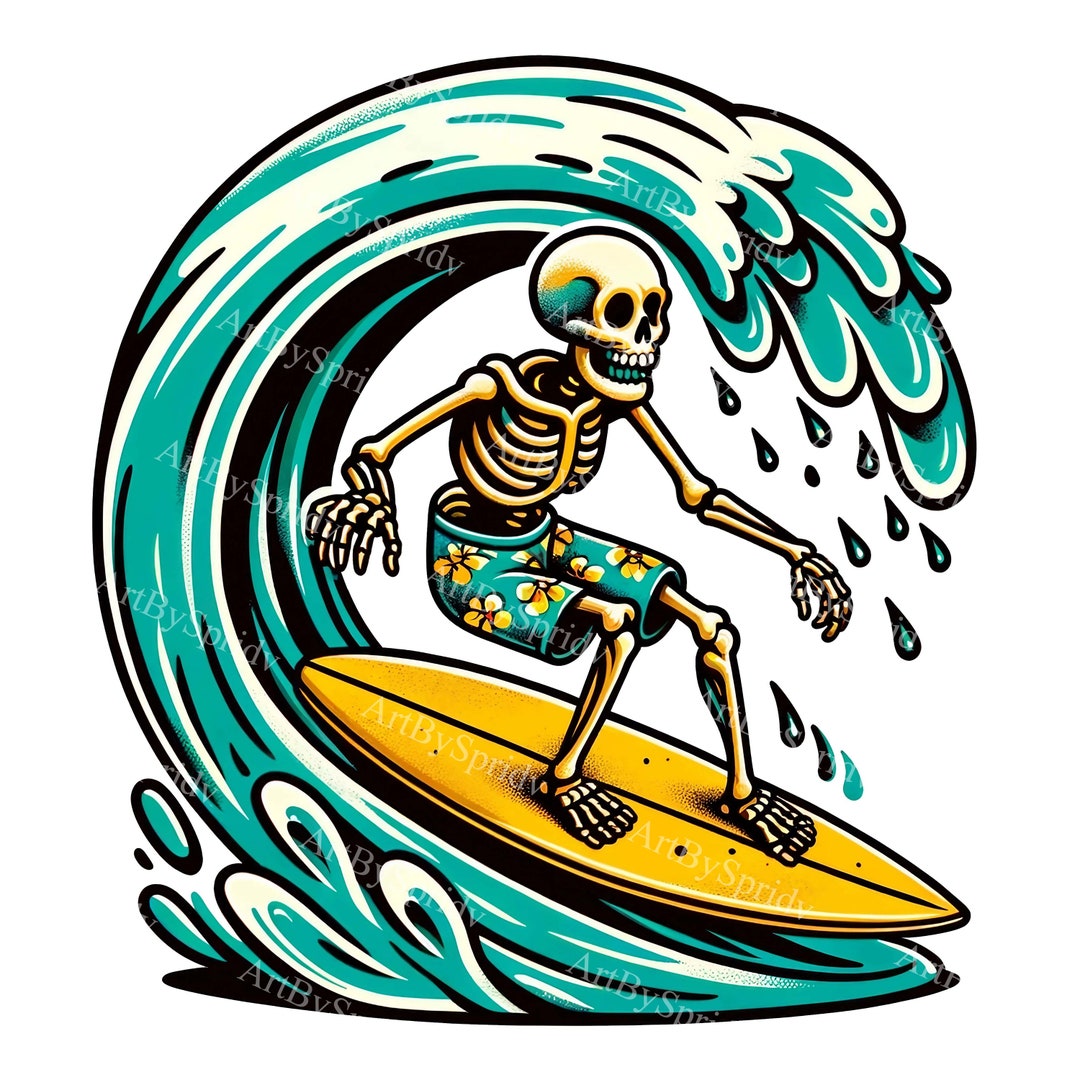 Skeleton Surfer Digital Clipart - Tropical Surfing Skeleton PNG for ...