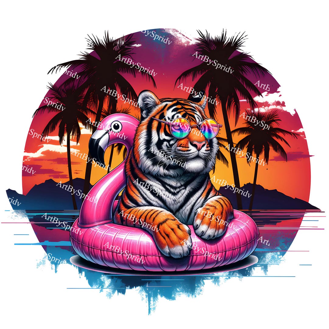 Cool Retro Tiger Floating on Flamingo Pool Float, Tropical Sunset ...