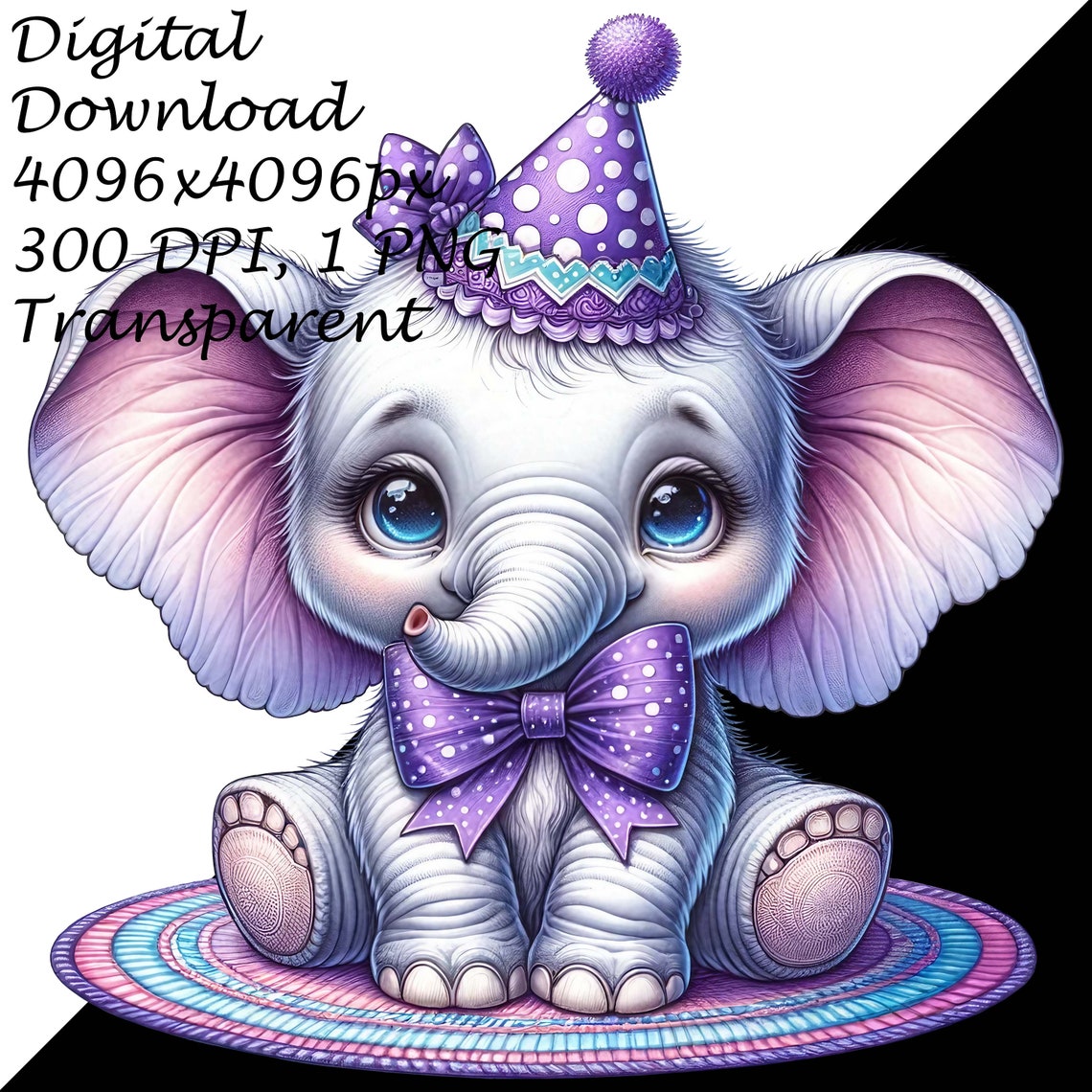 Adorable Baby Elephant Clipart in Party Hat | Cute Animal PNG for ...