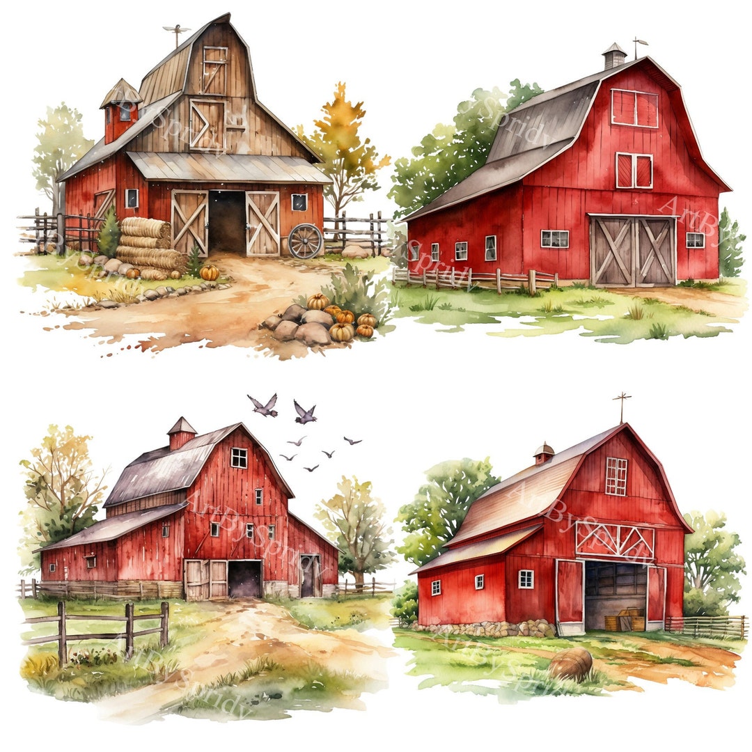 Watercolor Red Barn Bundle PNG Clipart, Rustic Farmhouse Scene,vintage ...