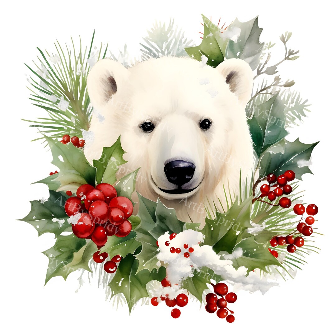 Watercolor Polar Bear Christmas Clipart,cute Winter Animal Digital ...