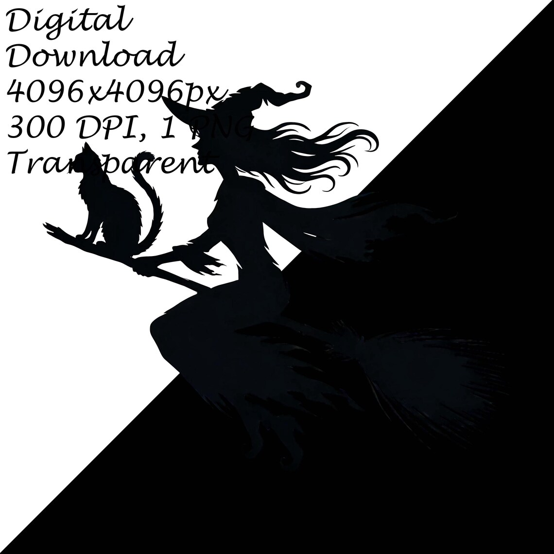 Halloween Witch on Broomstick With Black Cat Silhouette PNG Clipart ...