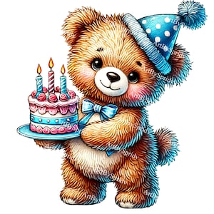 Cute Birthday Bear Holding Cake Clipart Png,teddy Bear Party Art,kids ...