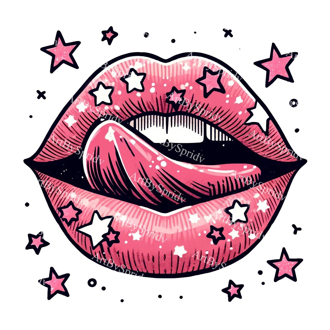 Glossy Pink Lips With Stars Download PNG Clipart Illustration,cute ...