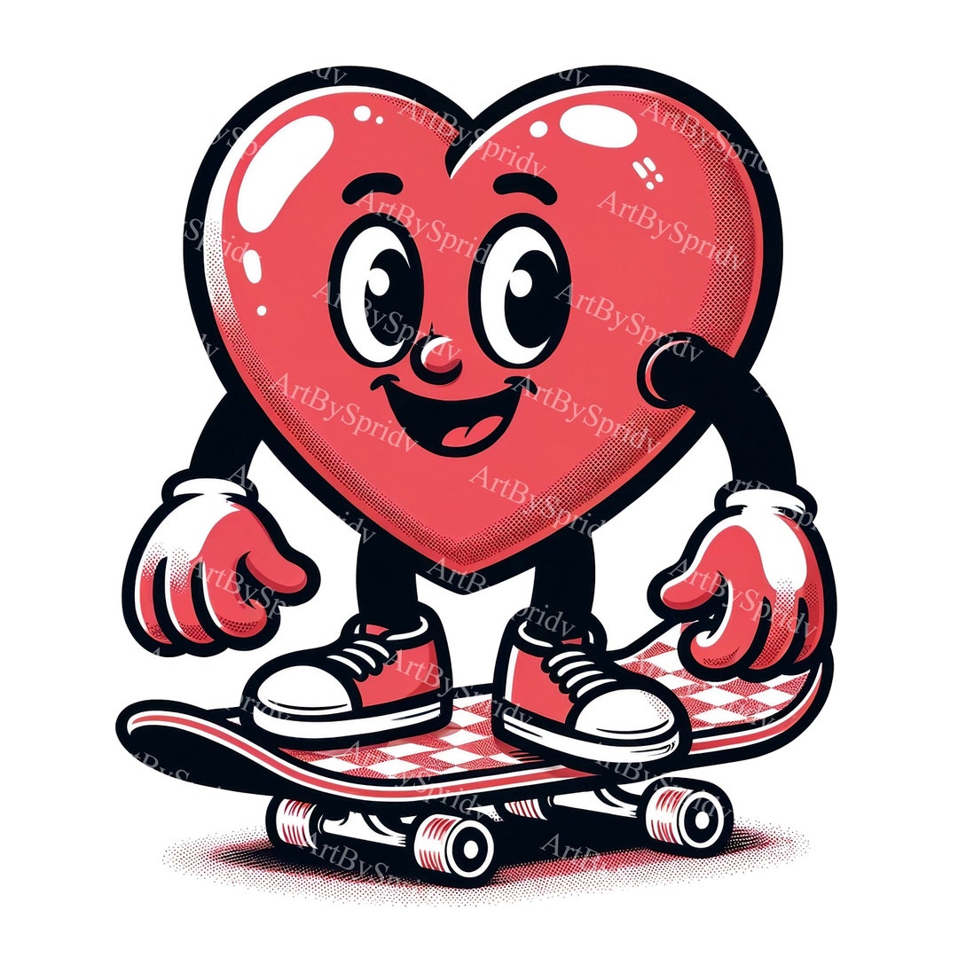 Cartoon Heart on Skateboard Clipart - Digital PNG for DTG, T-shirt, Mug ...