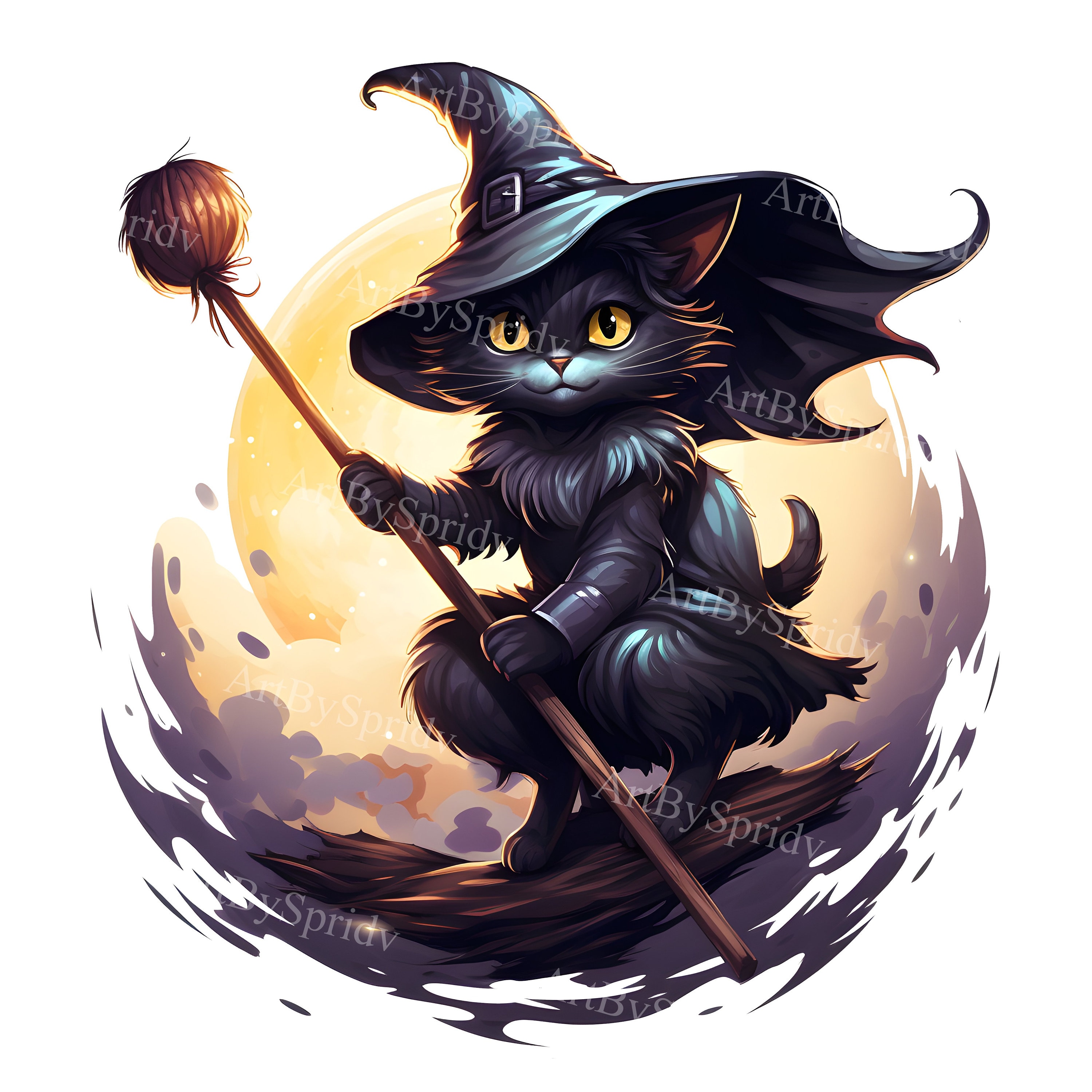 Black Cat Witch Clipart, Halloween Transparent PNG Illustration, Cat on ...