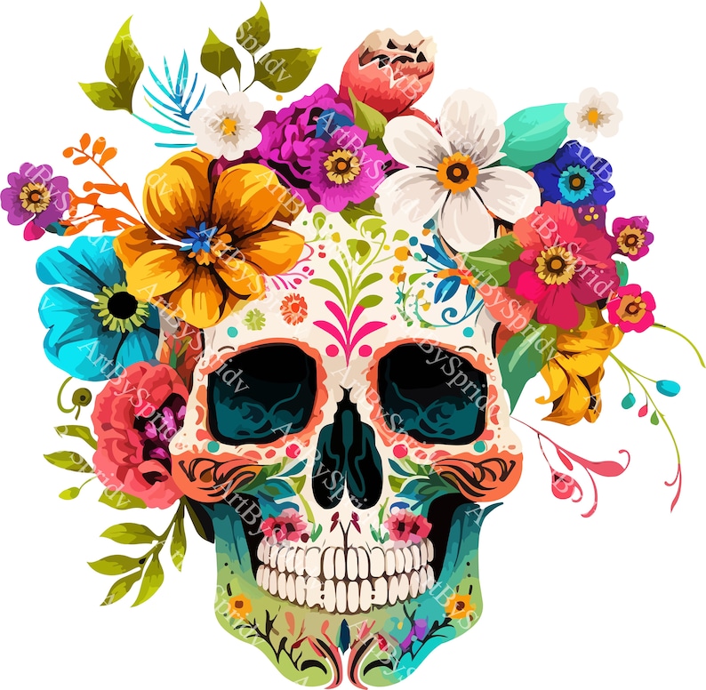 Cute Colorful Sugar Skull With Flowers PNG Clipart - Etsy
