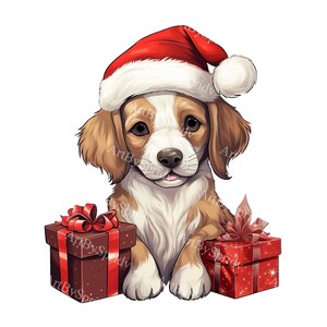 Adorable Christmas Dog Clipart – Cute Puppy in Santa Hat With Gift ...