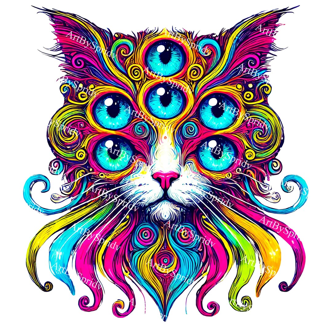 Psychedelic Trippy Cat PNG With Multiple Eyes, Vibrant Rainbow Swirl ...