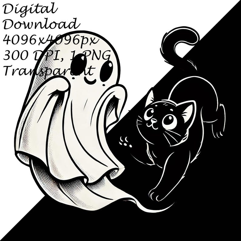 Halloween Ghost With Black Cat PNG Clipart, Spooky Cute Digital ...