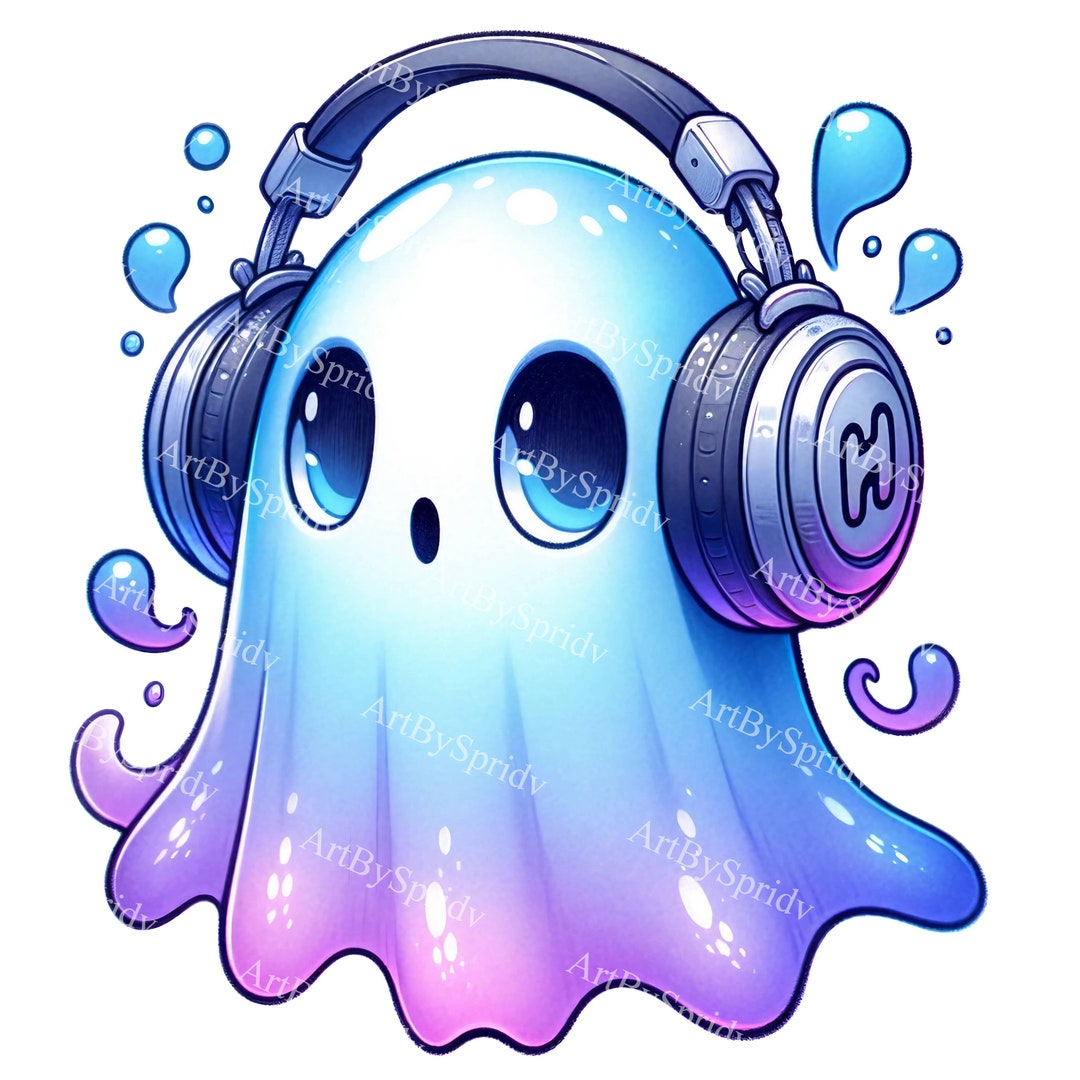 Whimsical Ghost Clipart - Cute Specter With Headphones Design ...