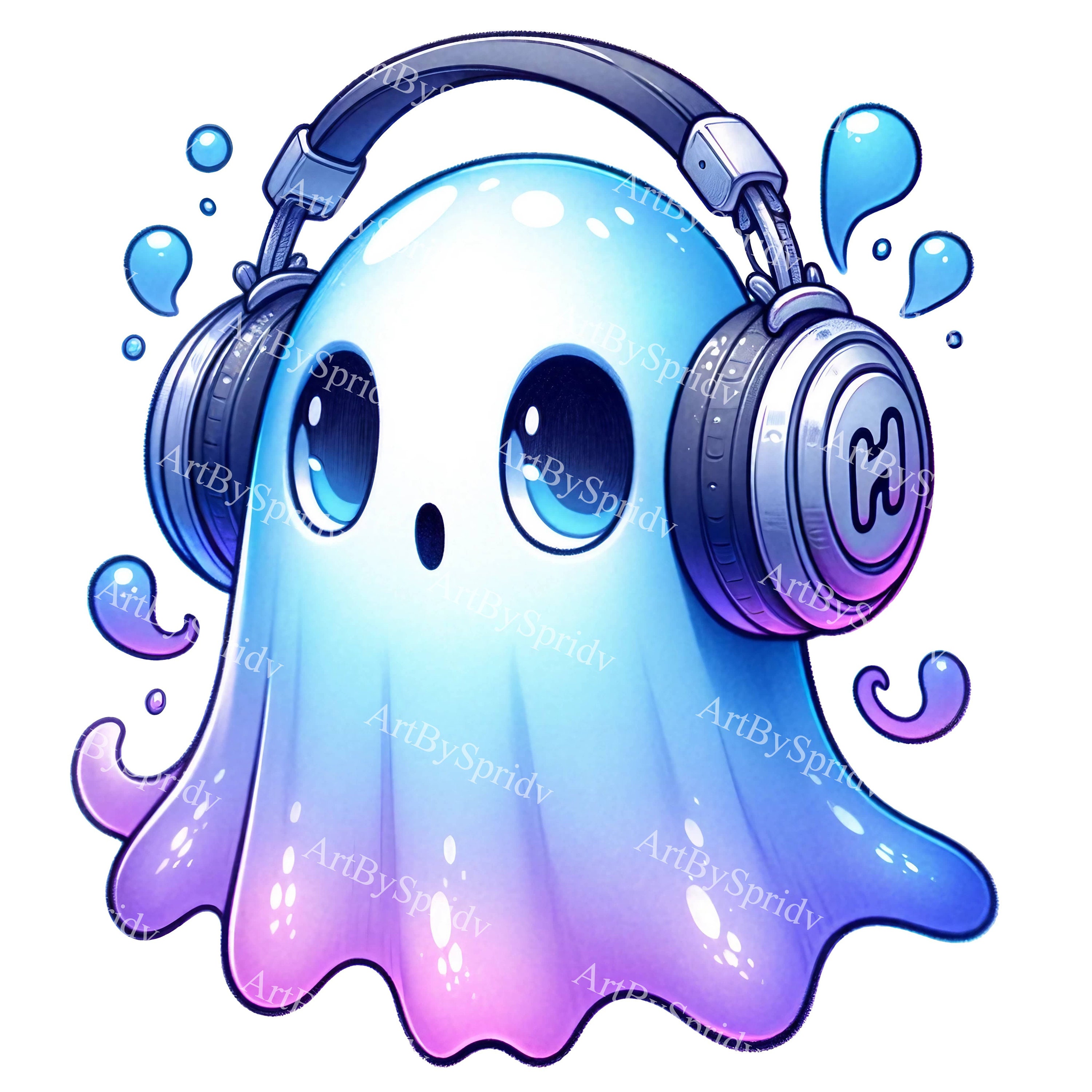 Whimsical Ghost Clipart - Cute Specter With Headphones Design ...