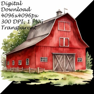 Watercolor Red Barn Bundle PNG Clipart, Rustic Farmhouse Scene,vintage ...