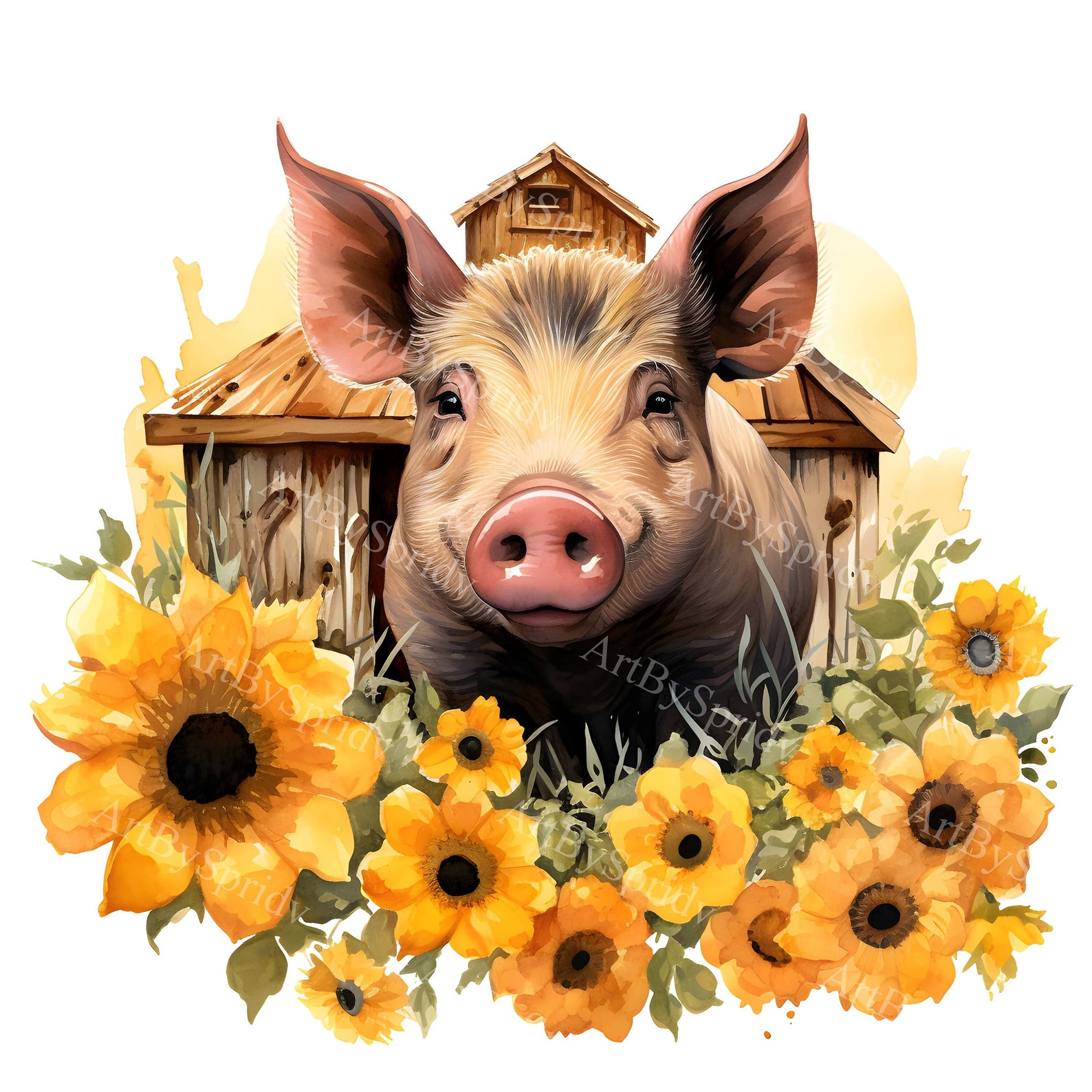Rustic Farm Pig PNG Clipart With Vibrant Sunflowers, Country Barnyard ...
