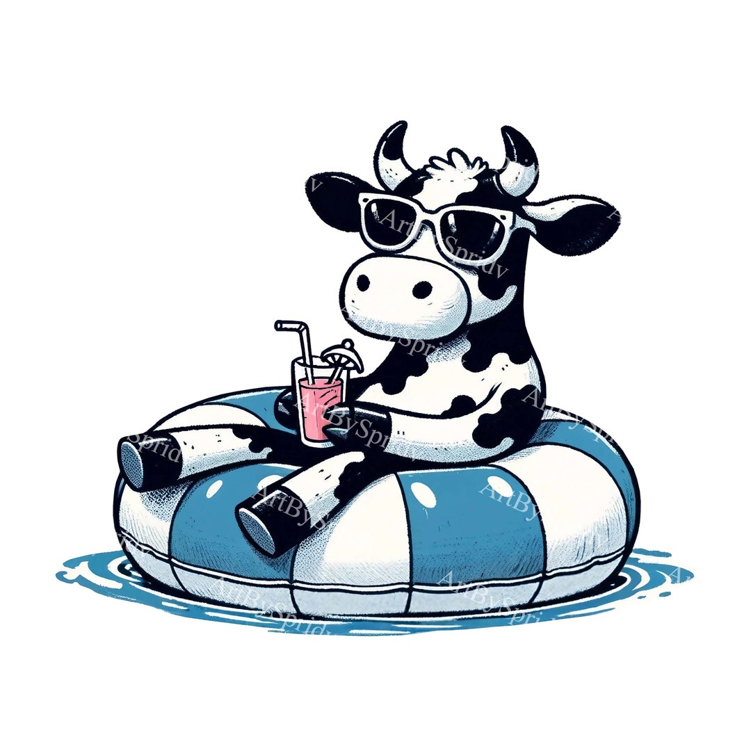 Chill Cow on Float Clipart: Fun Summer Cow With Sunglasses and Drink ...