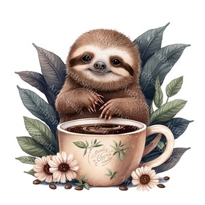 Baby Sloth With Coffee Cup PNG Clipart, Cute Kawaii Animal Illustration ...