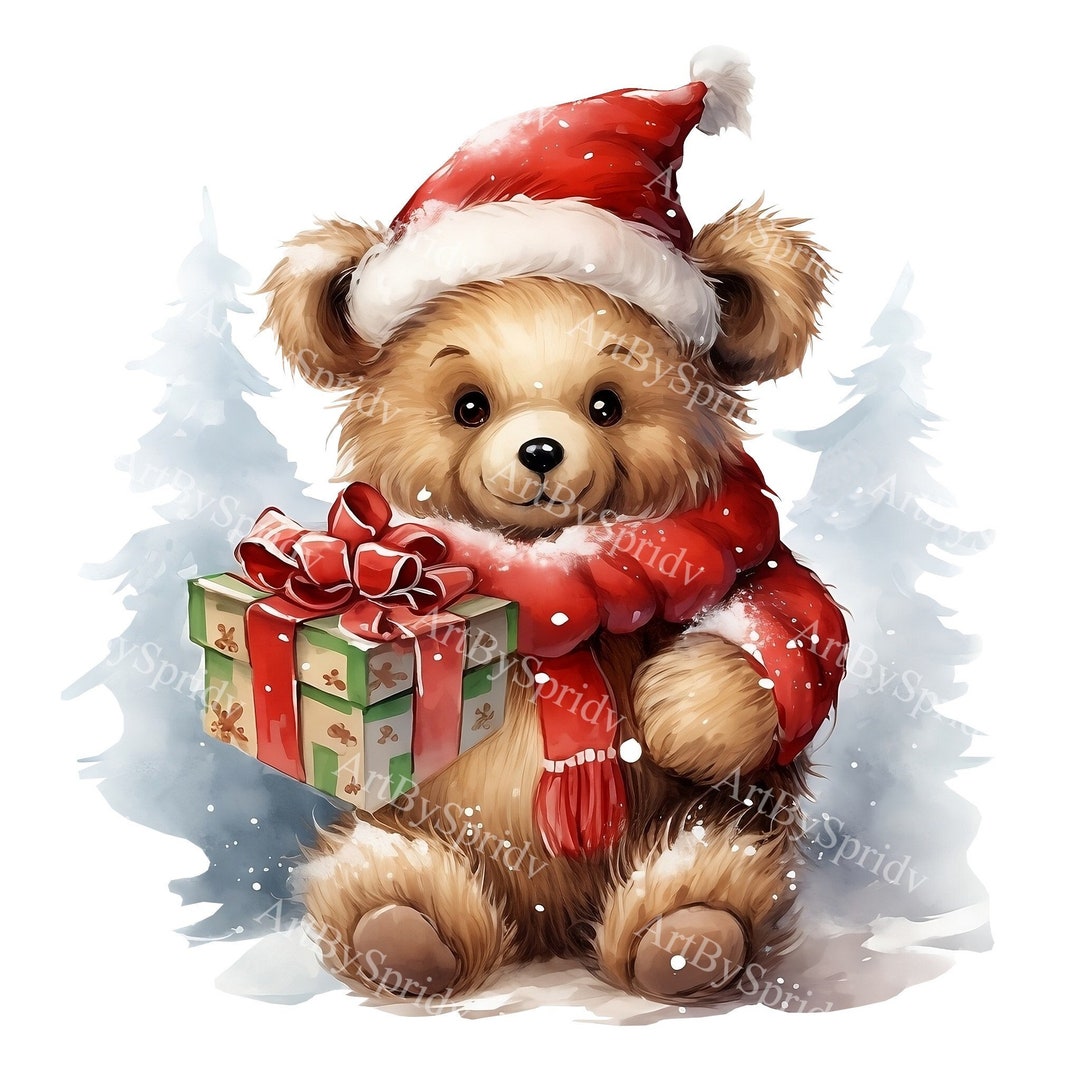 Christmas Teddy Bear Clipart - Festive Holiday Digital PNG for ...