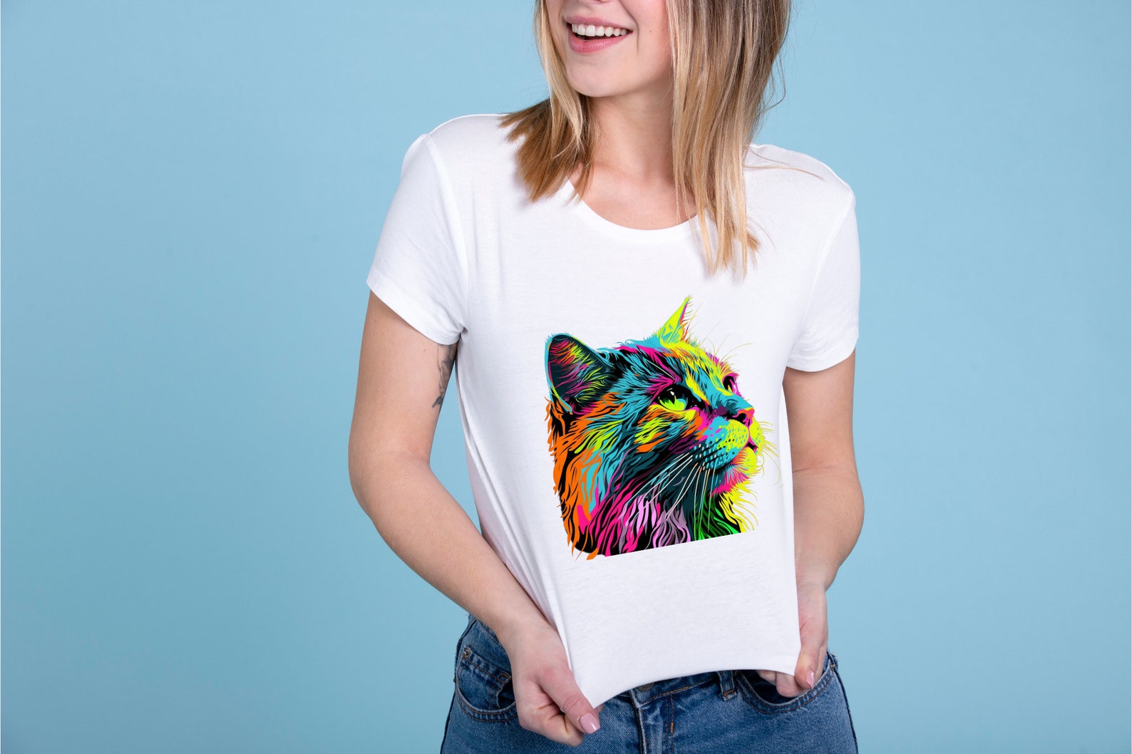 Day-glo Neon Cat Clipart, Colorful Psychedelic Cat PNG Illustration for ...