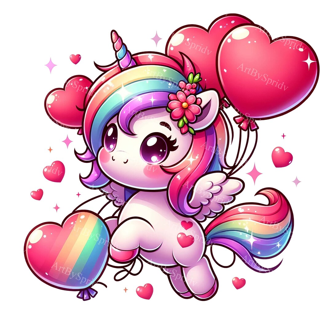 Valentine's Day Unicorn Clipart - Heart Balloons Cartoon PNG, Digital ...