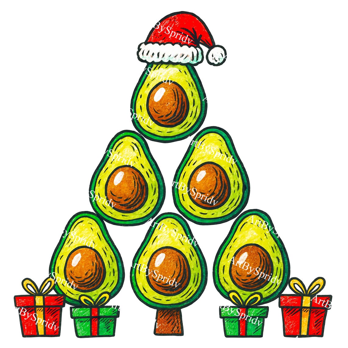 Funny Avocado Christmas Tree PNG With Santa Hat and Gifts | Cute ...
