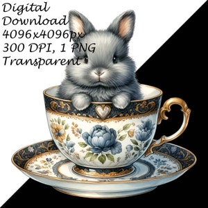 Adorable Bunny in Ornate Teacup Clipart - Watercolor Rabbit Digital PNG ...