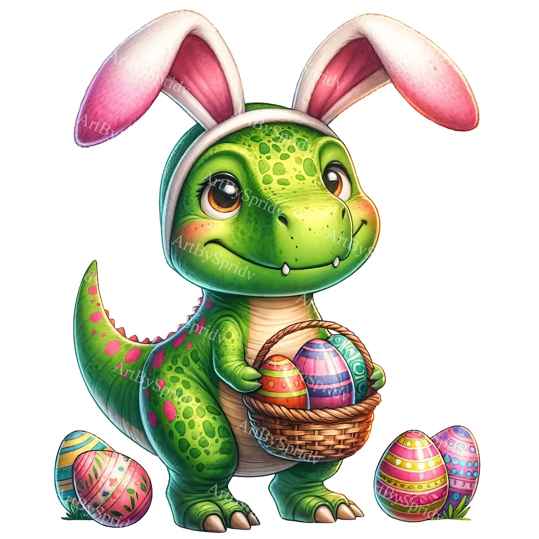 Easter T-rex Dinosaur Clipart With Bunny Ears & Eggs Basket - Digital ...