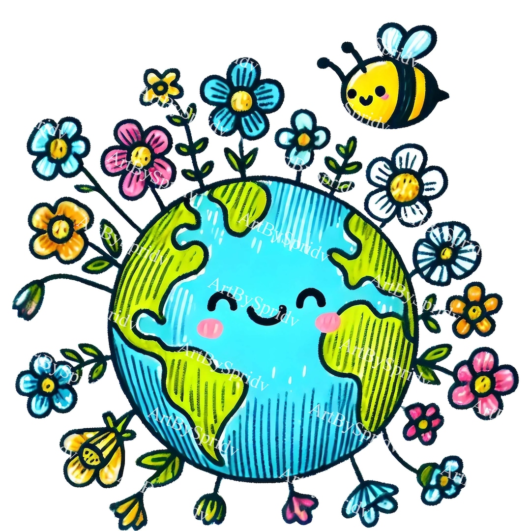Earth Day With Flowers & Bee PNG Clipart, Cute Planet Clip Art for Eco ...