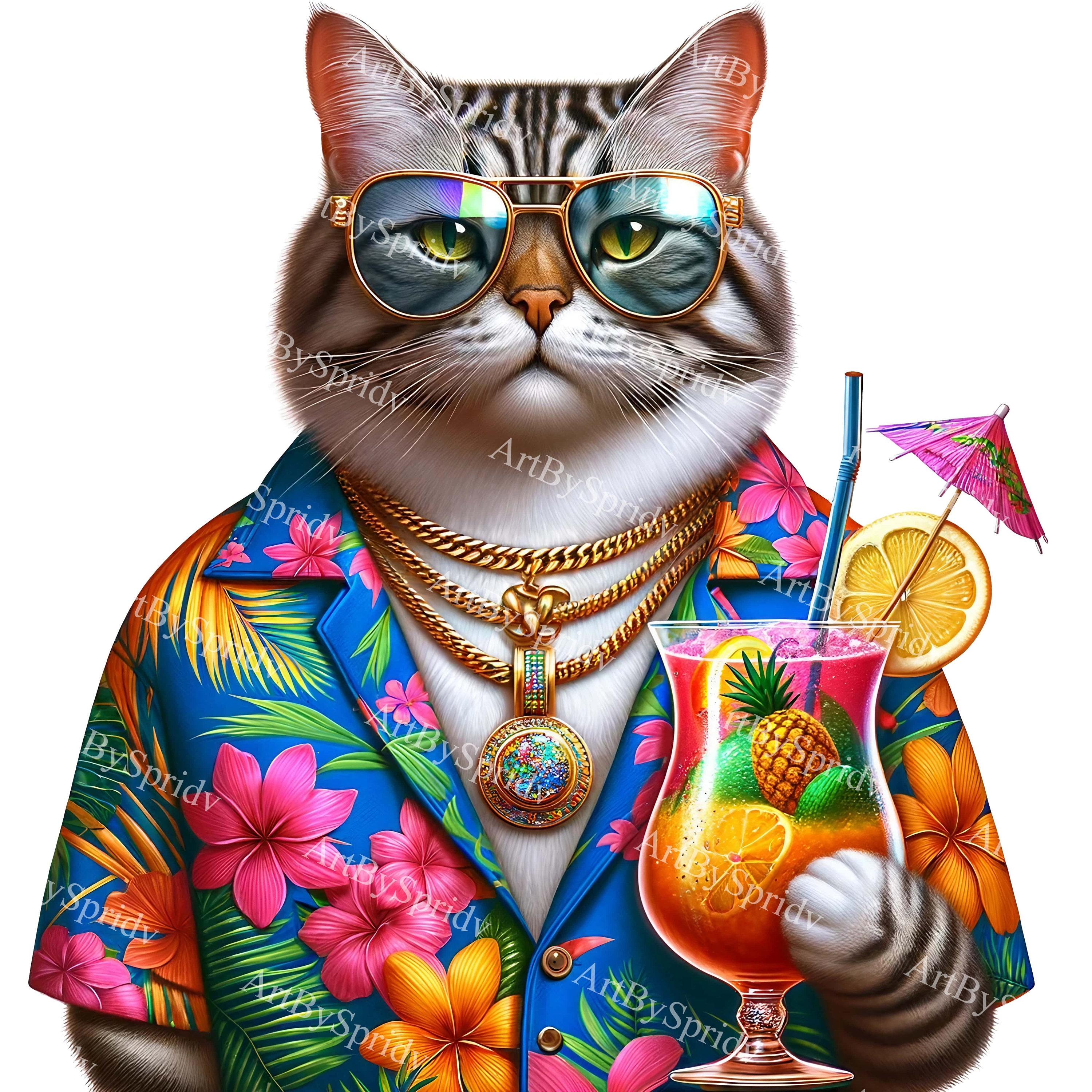 Tropical Vacation Cat Clipart: Aloha-style Feline With Sunglasses ...