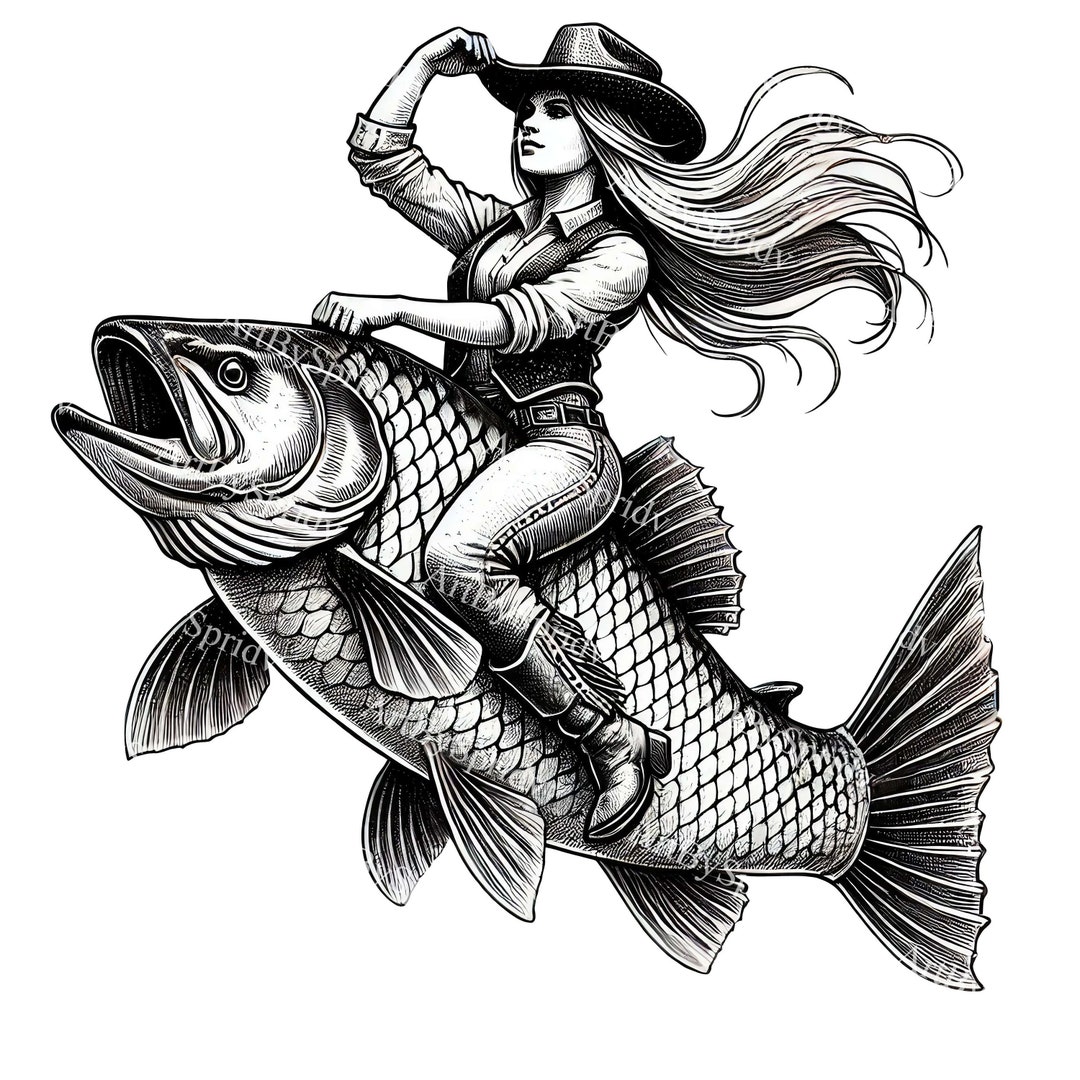 Dynamic Cowgirl Riding Giant Fish Clipart - Transparent PNG for Western ...